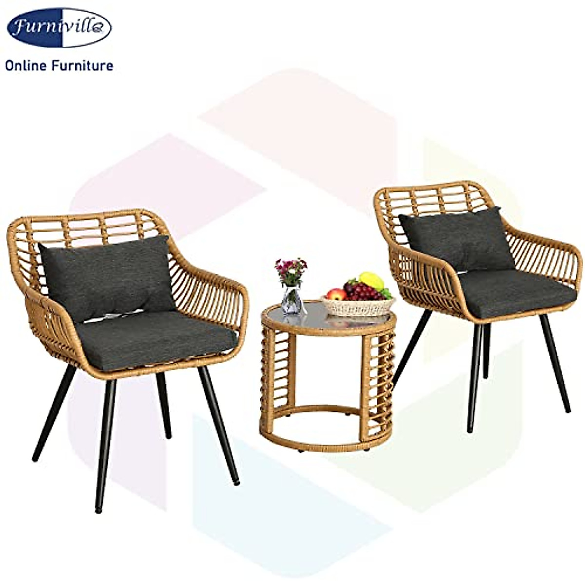 Furnivilla Patio Porch Furniture Sets 3 Pieces PE Rattan Wicker Chairs with Tempered Glass Table for Backyard Garden Porch (Beige/Black)