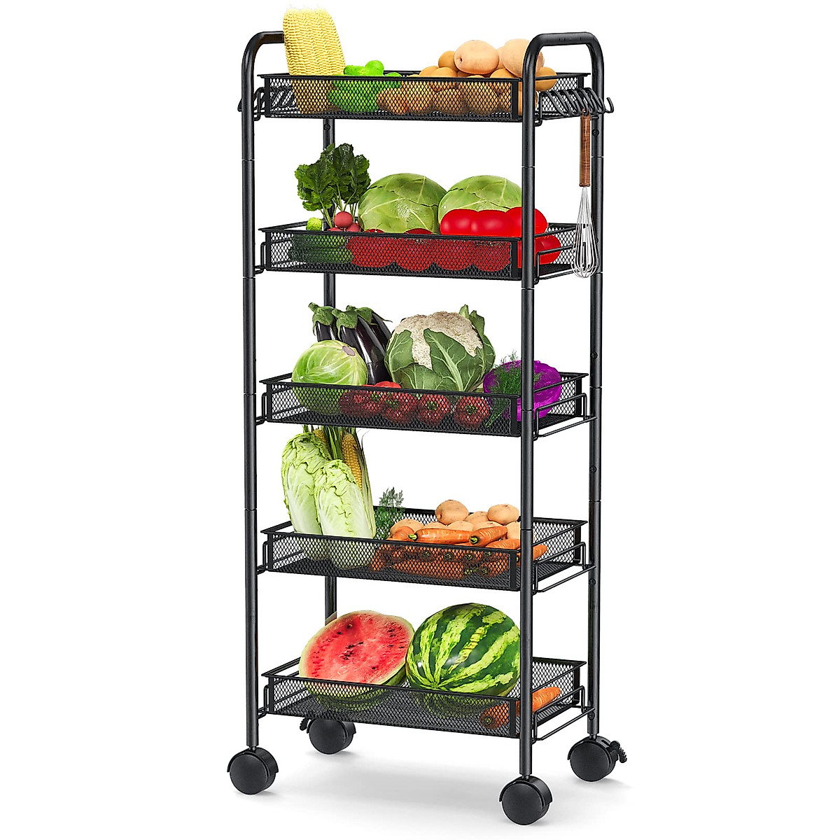 HomeHom 5-Tier Rolling Cart, Metal Utility Cart with Lockable Wheels, Rolling Storage Cart with Handle Kitchen Cart with 12 Hooks for Office, Bathroom, Kitchen, Kids' Room, Classroom (Black)