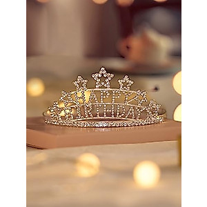 SWEETV Happy Birthday Tiara Crown for Girls & Women, Rhinestone Bday Crown with Comb, Crystal Birthday Party Hat Gift Princess Headpieces, Clear