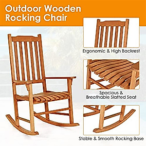 Tangkula Patio Rocking Chair, Indoor Outdoor Wooden Rocker Lounge Chair for Porch Garden Backyard Balcony, Rustic High Back Armchair w/Heavy-Duty 350 LBS Weight Capacity (1)