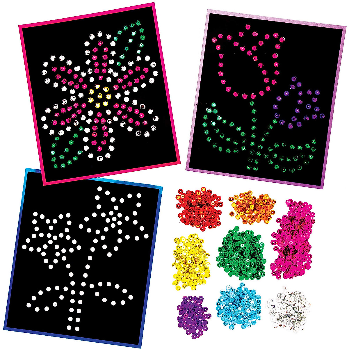 Baker Ross AT386 Flower Sequin Craft Pictures - Pack of 5, for Children to Decorate and Personalise Arts Projects, Ideal Groups, Home Crafting, Class Room Activities