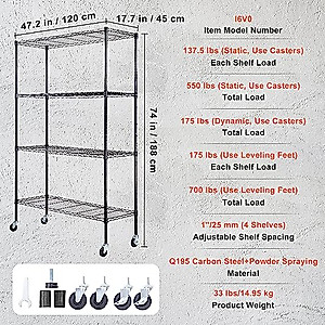 VEVOR Storage Shelving Unit, 4-Tier Adjustable Storage Shelves, 48" L x 18" W x 74" H Garage Storage Shelves, Metal Shelves with Wheels for Kitchen Pantry Basement Bathroom Laundry