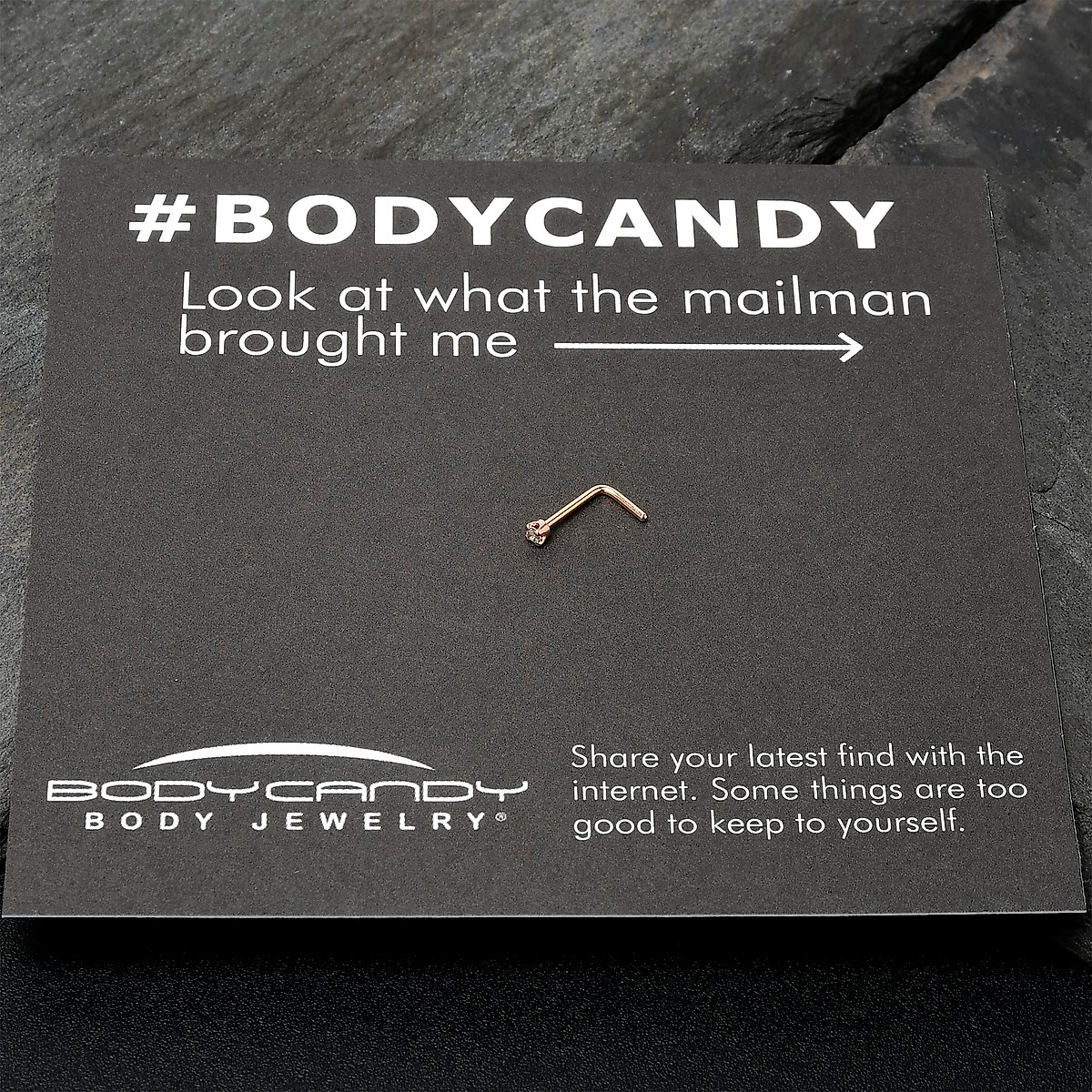 Body Candy 20 Gauge 1/4" at Bend 14k Rose Gold 1.5mm Diamond (0.015 cttw) L-Shaped Nose Ring Nose Stud