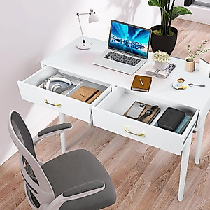 Rotihom Small White Desk with 2 Drawers, Modern Writing Desk for Small Spaces, Home Office Desk for Study, Laptop Computer Desk for Work, Makeup Vanity Table for Bedroom (White)