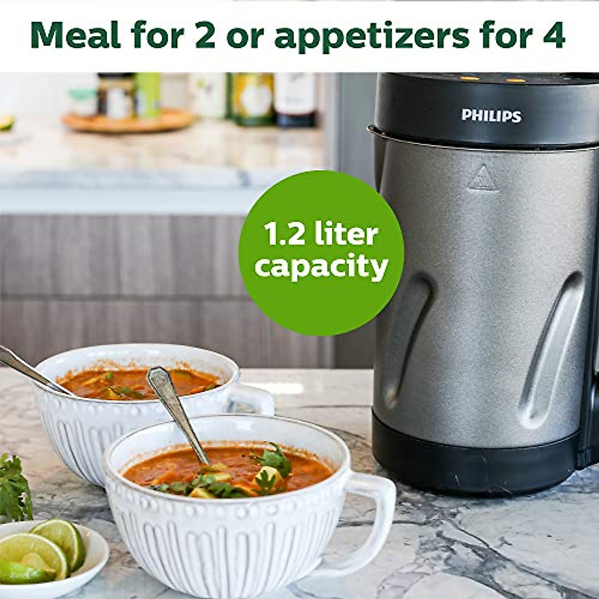 Philips Soup and Smoothie Maker, Makes 2-4 servings, HR2204/70, 1.2 Liters, Black and Stainless Steel