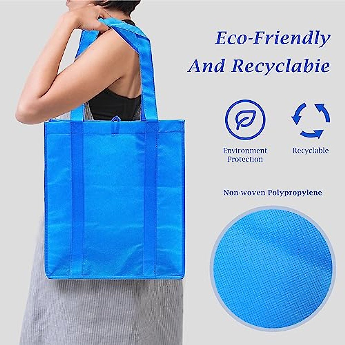Swotiva Reusable Grocery Bags 10 Pack, Eco-Friendly Tote Bags with Reinforced Handle and Removable Bottom, 15"x13"x10" Large Washable Non-woven Shopping Bags for Groceries Gift Parties, Blue