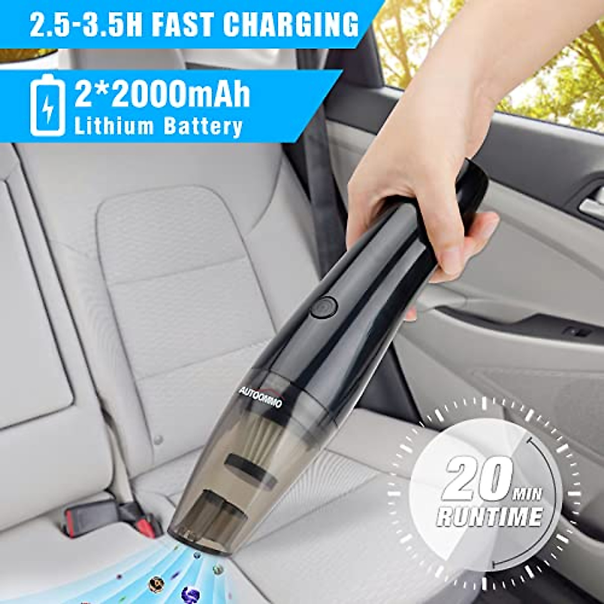 AUTOOMMO Car Vacuum Cleaner 5000PA Cordless Handheld Vacuum Cleaner 70W Portable Mini Car Vacuum Cleaner with Rechargeable 2x2000mAh Batteries for Car Home Interior Cleaning [Upgrade]