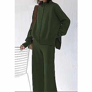 Pink Wind 2 Piece Outfits For Women Long Sleeve High Neck Sweatshirt Set Knitted Sweater Tracksuit Dark Green L
