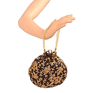 Touchstone NEW Traditional Indian Hand Embroidered Floral Faux Pearls Strings Shopping Gifts Jewelry Wedding Sweet Distribution Drawstring Fancy Black Bag Purse Pouch For Women.