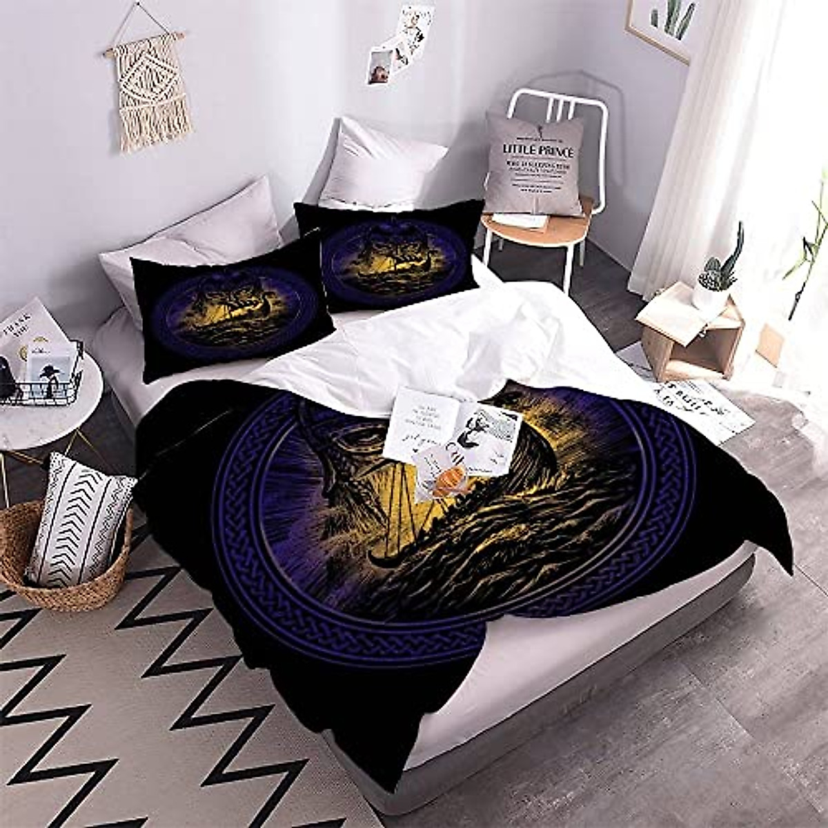 Quilt Cover Twin Size Viking Ship 3D Bedding Sets Sea of Storms and Draka Duvet Cover Breathable Hypoallergenic Stain Wrinkle Resistant Microfiber with Zipper Closure,beding Set with 2 Pillowcase