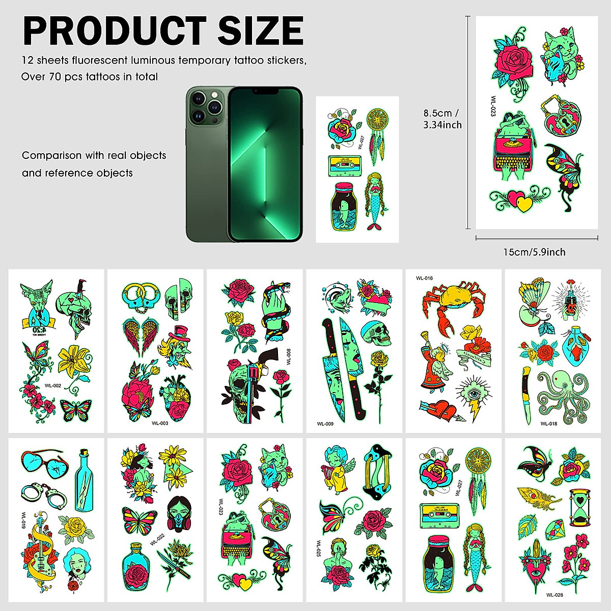 Glow in the Dark Tattoos, ACSAUMMY 12 Sheet Neon Tattoos Makeup Fake Tattoos Rave Festival Accessory UV Temporary Tattoos for Women Men Face Arm Body Blacklight Butterfly Tattoos Adult Party Supplies