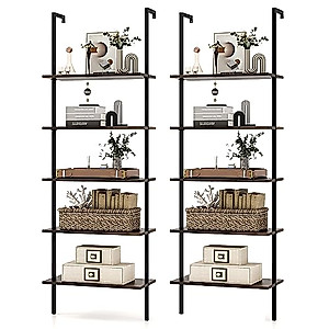 Tangkula 5-Tier Bookshelf, Modern Wall Mounted Ladder Shelf, 5 Tiers Wood Wall Open Bookcase with Metal Frame, Home Office Display Rack Storage Shelves for Collection, Plant Flower Stand (2, Brown)