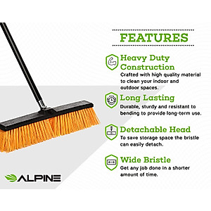 Alpine Industries Push Broom Heavy Duty Smooth Surface Broom Deck Scrubber Long Handle Commercial Floor Scrub Broom Cleans Dirt, Debris, Sand, Mud, Leaves and Water (Yellow, 18 in)