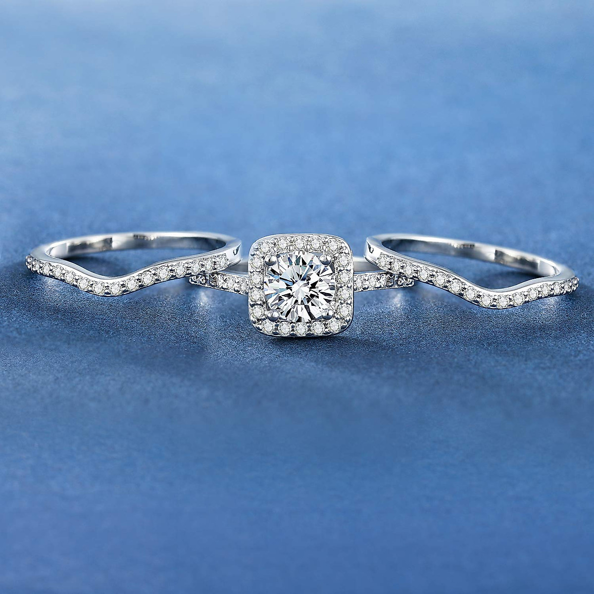 MDFUN 18K White Gold Plated Cubic Zirconia Three-in-One Halo Wedding Engagement Promise Eternity Ring for Women (7)