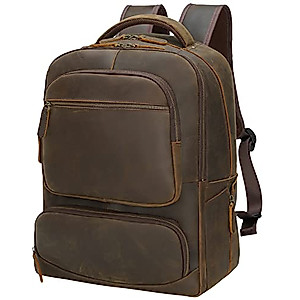 Masa Kawa Large Full Grain Leather 17.3" Laptop Backpack for Men Vintage Brown College School Bookbag Business Travel Work Casual Daypack Rucksack Bag