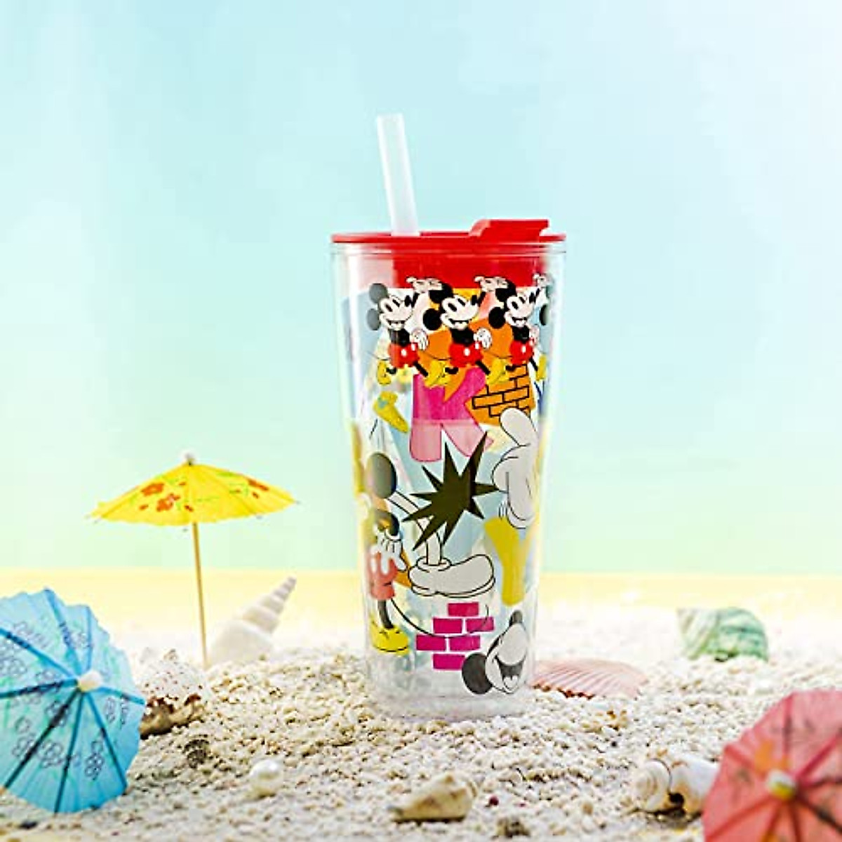 Zak Designs Disney Insulated Plastic Tumbler with Press-In Lid and Straw, Made with Durable and Non-BPA Material for Travel Cold Drinks (16 oz, Mickey Mouse)