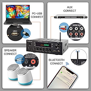 Wireless Bluetooth Home Audio Amplifier – 400W Dual Channel Home Theater Sound Compact Stereo Receiver System w/FM Radio, USB/SD, AUX, RCA, Mic in, Remote Control for Sweet Sound. (Sunbuck AS-90BU)