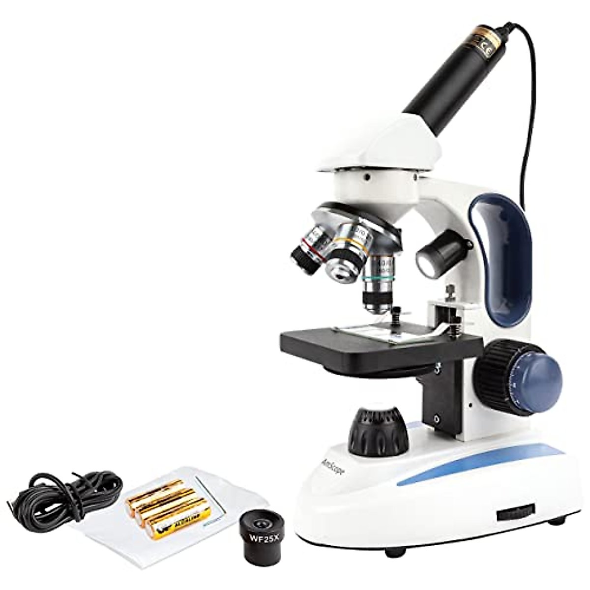 AmScope M158C-2L-E1 Digital Cordless Compound Monocular Microscope, WF10x and WF25x Eyepieces, 40x-1000x Magnification, Upper and Lower LED Illumination with Rheostat, Brightfield, Single-Lens Condenser, Coaxial Coarse and Fine Focus, Plain Stage, 110V or