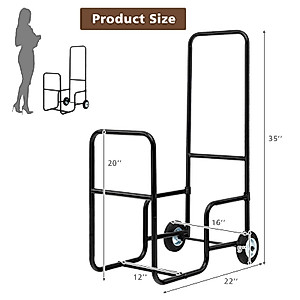 Safstar Firewood Log Cart Carrier, 2.9ft/35” Height Wood Rack Storage Mover w/2 Rubber Wheels & Ergonomic Handle, Heavy-Duty Steel Fireplace Log Carrier Mover, Rolling Firewood Cart for Indoor Outdoor