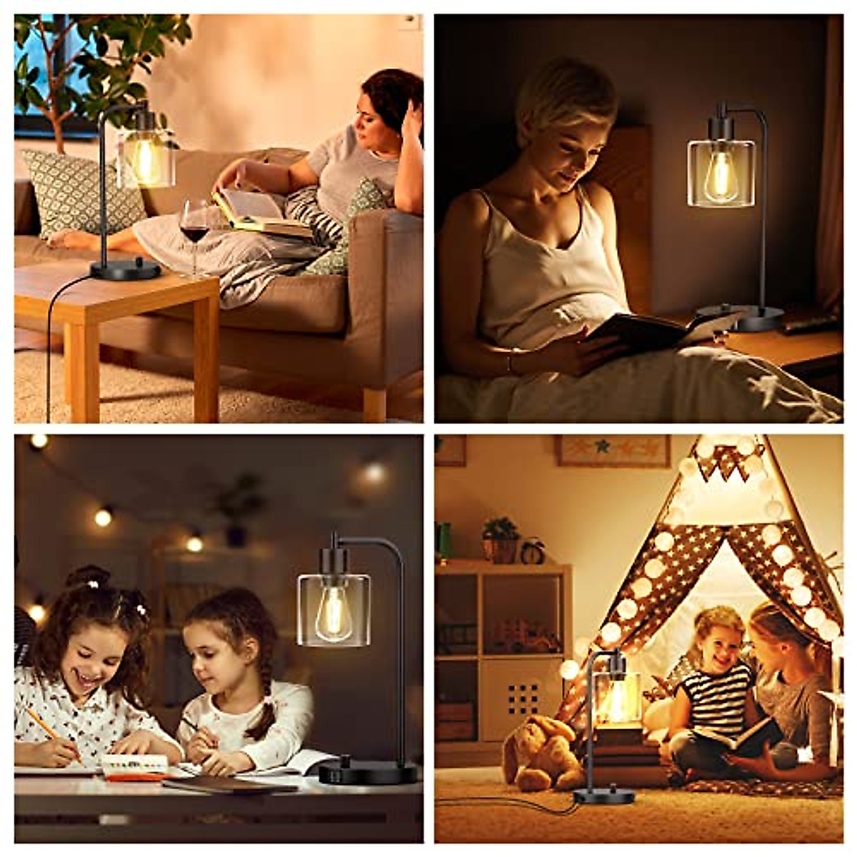 yotutun - Set of 2 Industrial Table Lamps with 2 USB Port, Black Bedside Lamps, Fully Dimmable Nightstand Desk Lamp for Reading Bedroom Living Room, Glass Shade & 2 LED Bulbs Included