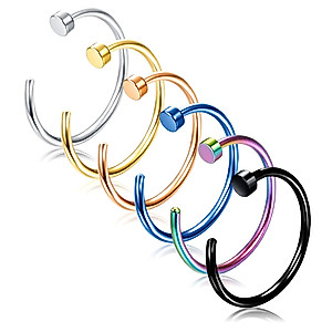 MILACOLATO 6PCS G23 Titanium Nose Rings Hoops 18G C-Shape Fake Nose Ring Disc Hypoallergenic Lip Nostril Body Piercing Jewelry Rings for Women Men, 8mm