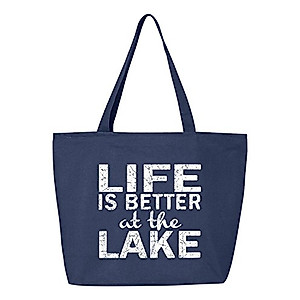 shop4ever® Life is Better at the Lake Heavy Canvas Tote with Zipper Sayings Reusable Shopping Bag 12 oz Navy -Pack of 1- Zip