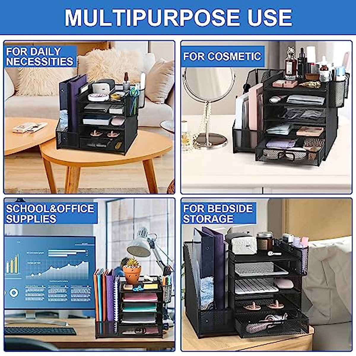 BainGesk Desk Organizers and Accessories, Desk Organizer with File Holder, 5-Tier Paper Letter Tray Organizer with Drawer and 2 Pen Holder, Mesh Desktop Organizer and Storage for Office Supplies