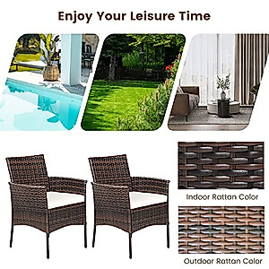 RELAX4LIFE Patio Dining Chairs Set of 2 PCS Wicker Armchairs with Comfortable Cushions for Deck, Garden, Lawn, Balcony, Backyard and Poolside Outdoor PE Rattan Fire Pit Chairs (2, Brown+Beige)