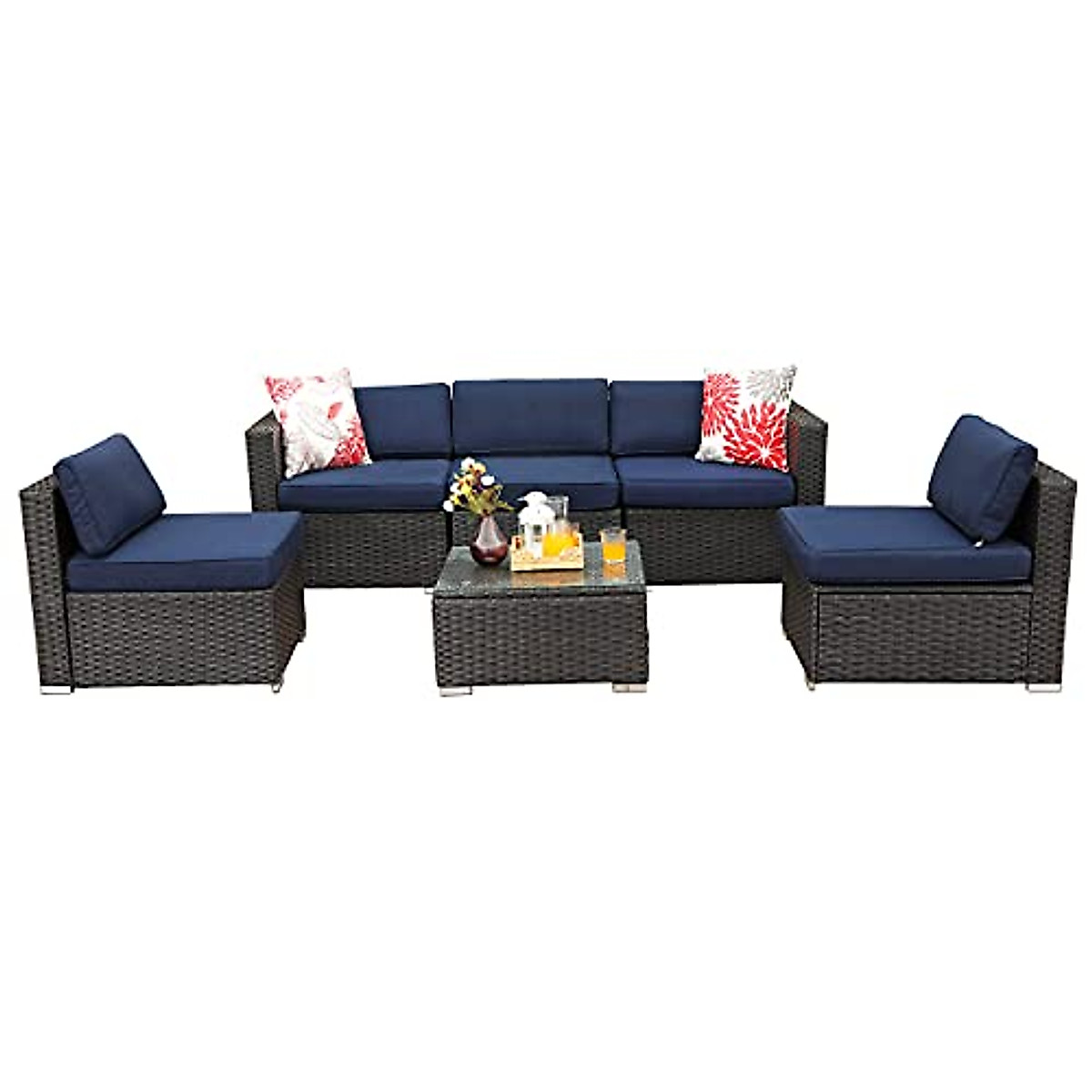 PHI VILLA Outdoor Patio Furniture Sets - Rattan Wicker Patio Sectional Sofa Couch with Tea Table & Washable Cushions (6 Piece, Navy Blue)