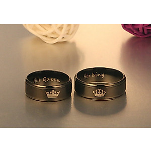 Stainless Steel His Queen Ring Engagement Wedding Bands Anniversary, Black (Her Size 8)