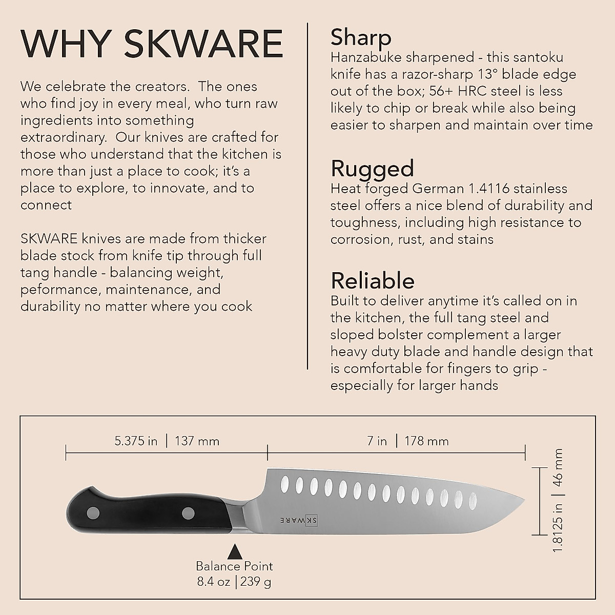 SKWARE 7" Chef Knife - Razor Sharp German Stainless Steel - Japanese Santoku Knife for Dicing, Slicing, Chopping of Meat, Fruit, Vegetables - Black