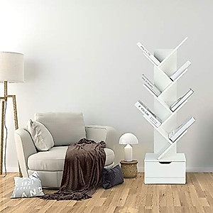 TINSAWOOD 7-Shelf Rack Bookcase, Wooden Tree Bookshelf, Free Standing Book Storage Organizer, for Books/CDs/Albums/Files Holder in Living Room Home Office, White