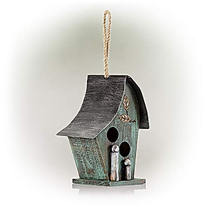 Alpine Corporation YEN134HH-TUR Wooden Birdhouse Outdoor Decor for Garden, Patio, Deck, Porch, 8" L x 6" W x 12" H with Rope: 21”H, Turquoise