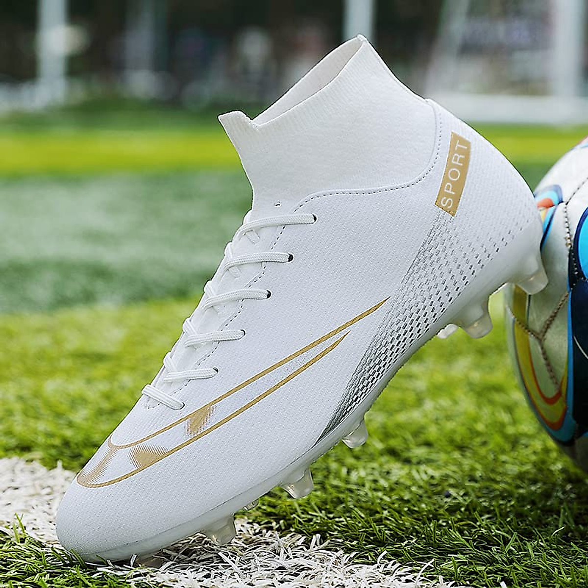 YEFDG Men’s Soccer Boots Football Shoes Cleats Spike Shoes Sneaker Comfortable Adults Athletic Outdoor/Indoor/Competition/Training White