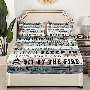 Erosebridal Lake Life Rv Fitted Sheet for Bedroom, Rustic Camper Bed Sheets Nautical Cabin Camp Bedding Set for Kids Teens Adult Men, Wooden Old Barn Sheets Lake House Decor for The Home, Twin
