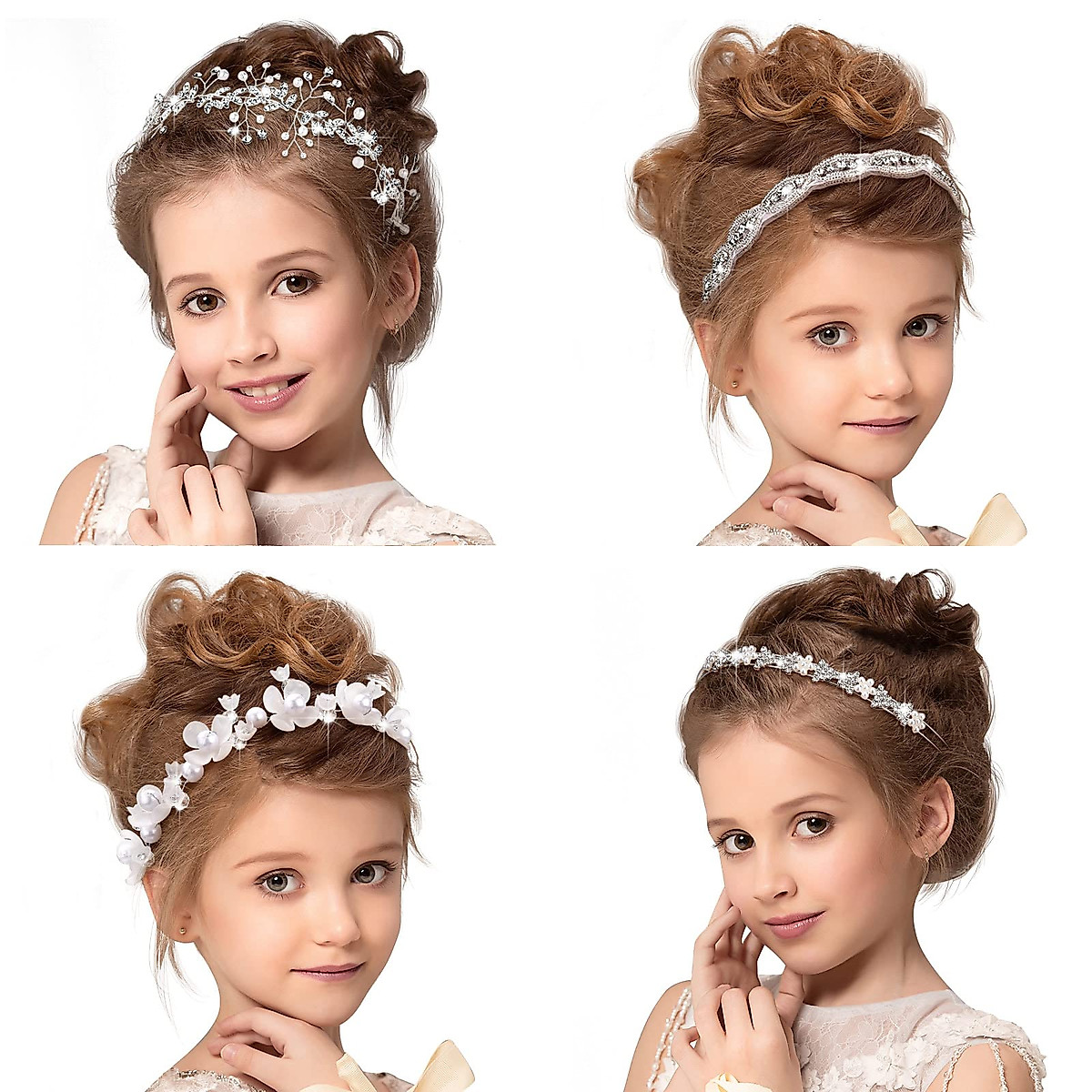 4 Pcs Bridal Flower Girl Headpieces - White Princess Wedding Headbands with Pearls, Rhinestones for Women, Girls Photography (Romantic Style)
