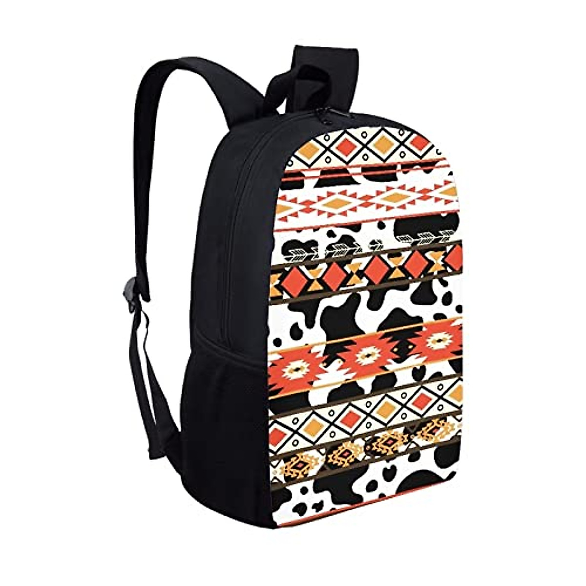 Girl Aztec Cow Print Backpacks for School Elementary Kids Zipper Large Capacity Comfy Lightweight Bookbag 17 Inch Adjustable Straps Personalized Daypack