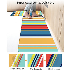 Kitchen Runner Rugs Set of 2, Colorful Stripes Yellow Teal Red Blue Wood Texture Rubber Non-Slip Area Collection Rug High Traffic Areas for Hallway,Bathroom, Laundry Room Rug Mat 16"x24"+16"x47"