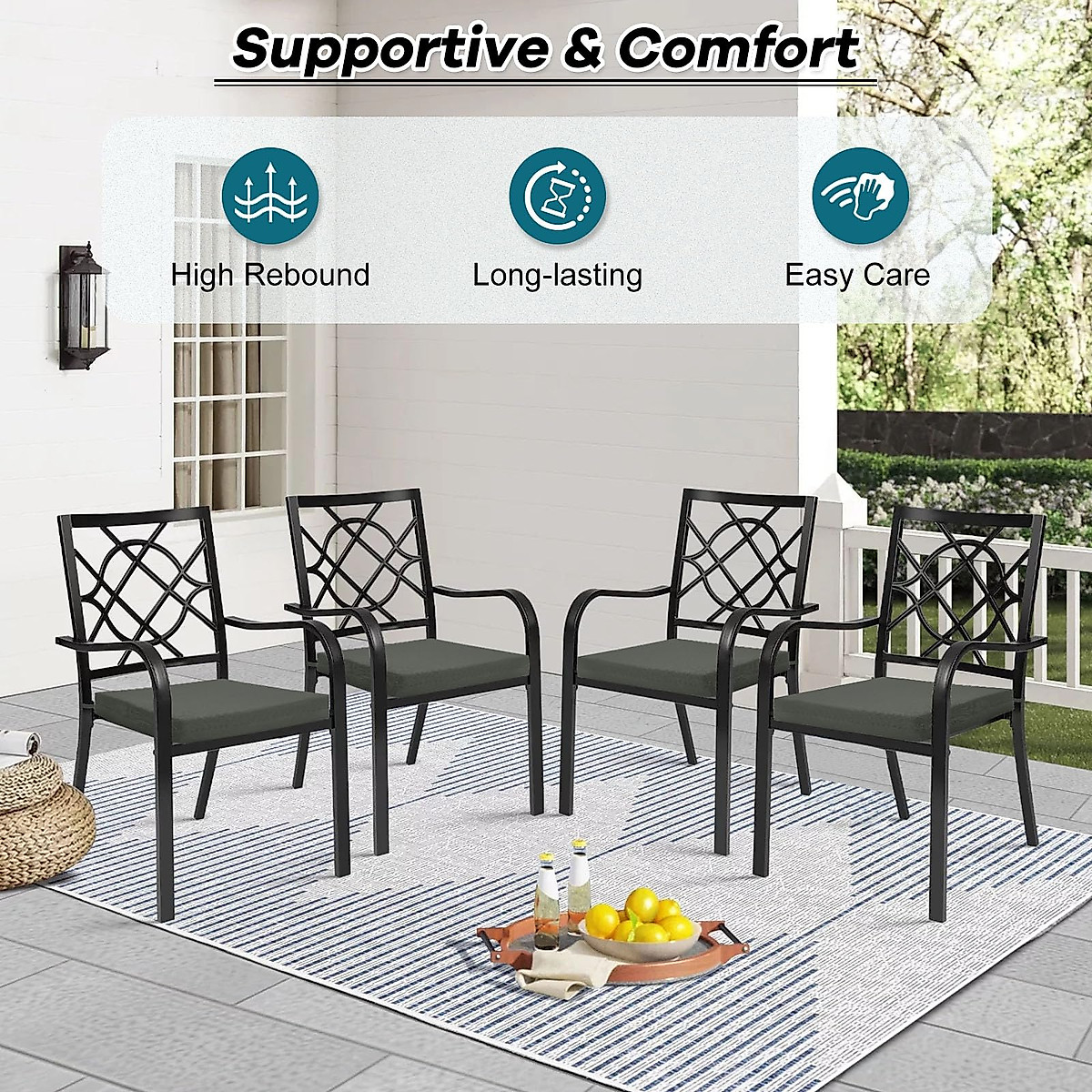 Basic Beyond Outdoor Chair Cushions Set of 4, Square Corner Outdoor Cushions for Patio Furniture, Water Resistant Patio Chair Cushions with 2 Ties, 18.5x16x3, Charcoal Grey