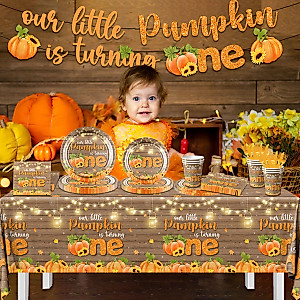 Our Little Pumpkin is Turning One Decorations,142Pcs 1st Birthday Pumpkin Theme Decorations Fall Little Pumpkin First Birthday Theme Party Tableware for Baby Shower Autumn Thanksgiving Supplies