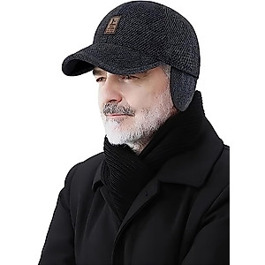 KorhLeoh Men's Winter Baseball-Cap with Ear Flaps - Women Winter Hat with Brim Earflap Fitted Hat Warm Outdoor Running Hat Black