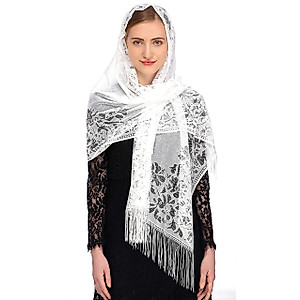 PAMOR Chapel Veil Scarf Mantilla Veils Rectangular Wrap Shawl Mass Head Covering with Fringe Trim (White)