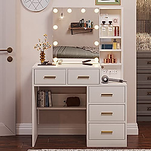 Tiptiper Makeup Vanity with Lights, Vanity Table with Charging Station, Vanity Desk with Sliding Mirror and 10 LED Light Bulbs, Makeup Table with 5 Drawers, Hidden and Open Storage Shelves, White