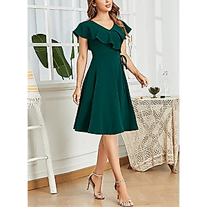 Fantaist Beach Wedding Guest Dresses for Women Casual Summer,Sleeveless Ruffle Wrap V Neck Midi Swing Cocktail Aline Party Dress (S, FT803-Dark Green)