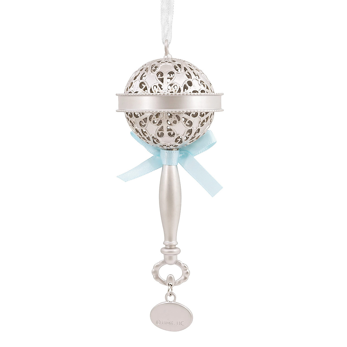 Hallmark Baby's First Christmas Silver Baby Rattle with Blue Ribbon 2023 Christmas Ornament, Premium Metal