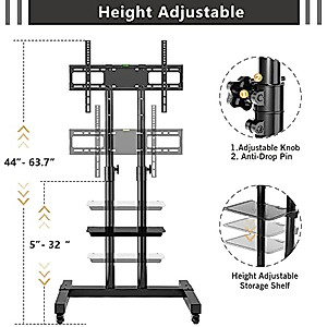 Mobile TV Stand on Wheels for 32-70 inch Flat Screen/Curved TVs, Television Stands with Wheels and Height Adjustable, Rolling TV Stand MAX VESA 600*400mm, TV Cart Rolling TV Stand with Shelf, Black