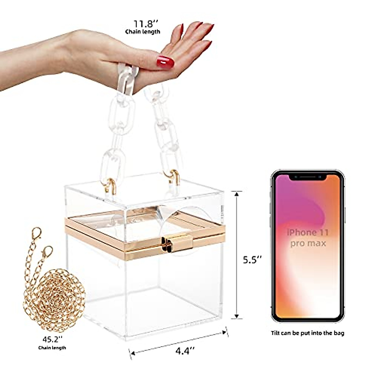 WJCD Cute Clear Acrylic Plastic Neon Hard Frame Party Clutch Purse with Gold Chain Strap (Transparent)