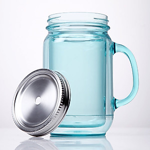 Cupture 2 Vintage Blue Mason Jar Tumbler Mug With Stainless Steel Lid and Straw - 20 oz