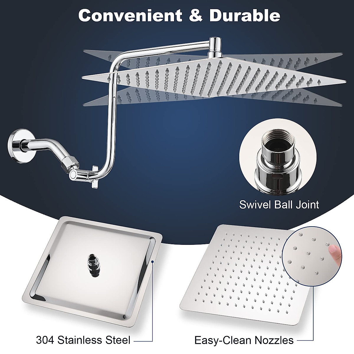 PDPBath 12" Rain Shower Head with Upgrade Adjustable Extension Arm, 304 Stainless Steel High Pressure Rainfall Showerhead, All Metal Large Square Waterfall Fixed Showerhead for Bathroom - Chrome