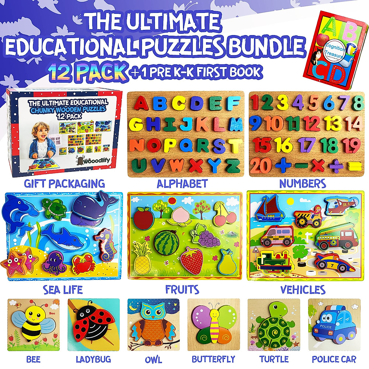 12 Pack Premium Chunky Wooden Puzzles for Toddlers Ages 2-4 - Toddler Learning Toys for Boys & Girls - Alphabet, Numbers, Fruits, Sea Life, Vehicles, Animals - Jigsaw Peg Puzzles for Kids - Value Set